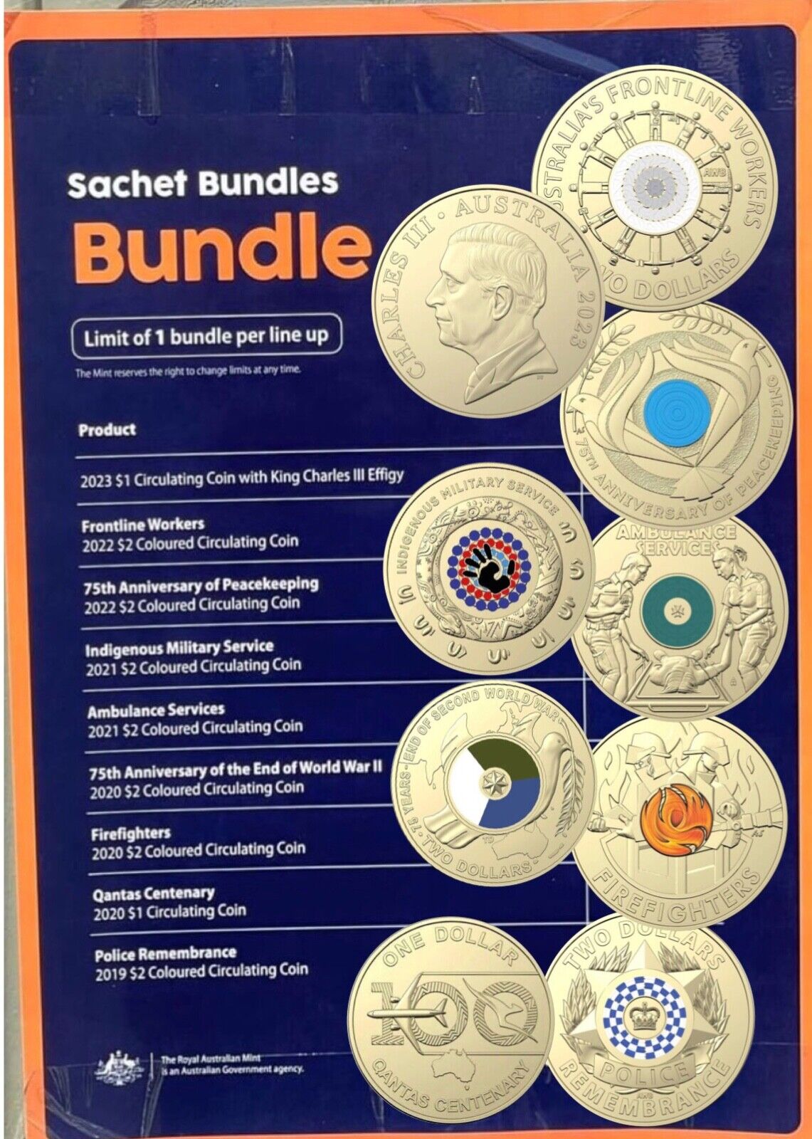 UNC $2 2019 - 2022 RAM coloured (5 coin bags) & $1 Satchel King Charle