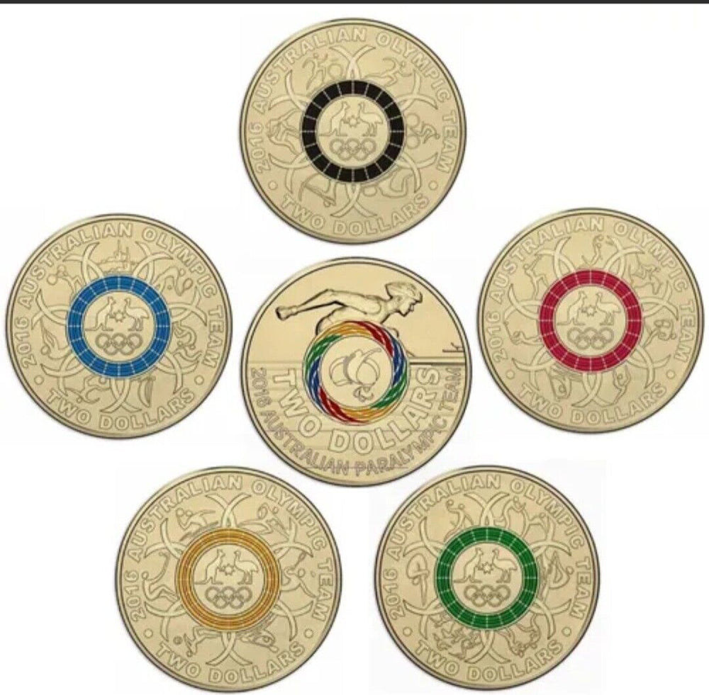 2016 $2 RIO OLYMPIC AUSTRALIAN TWO DOLLAR COLOURED SET x 6 COINS QUEEN