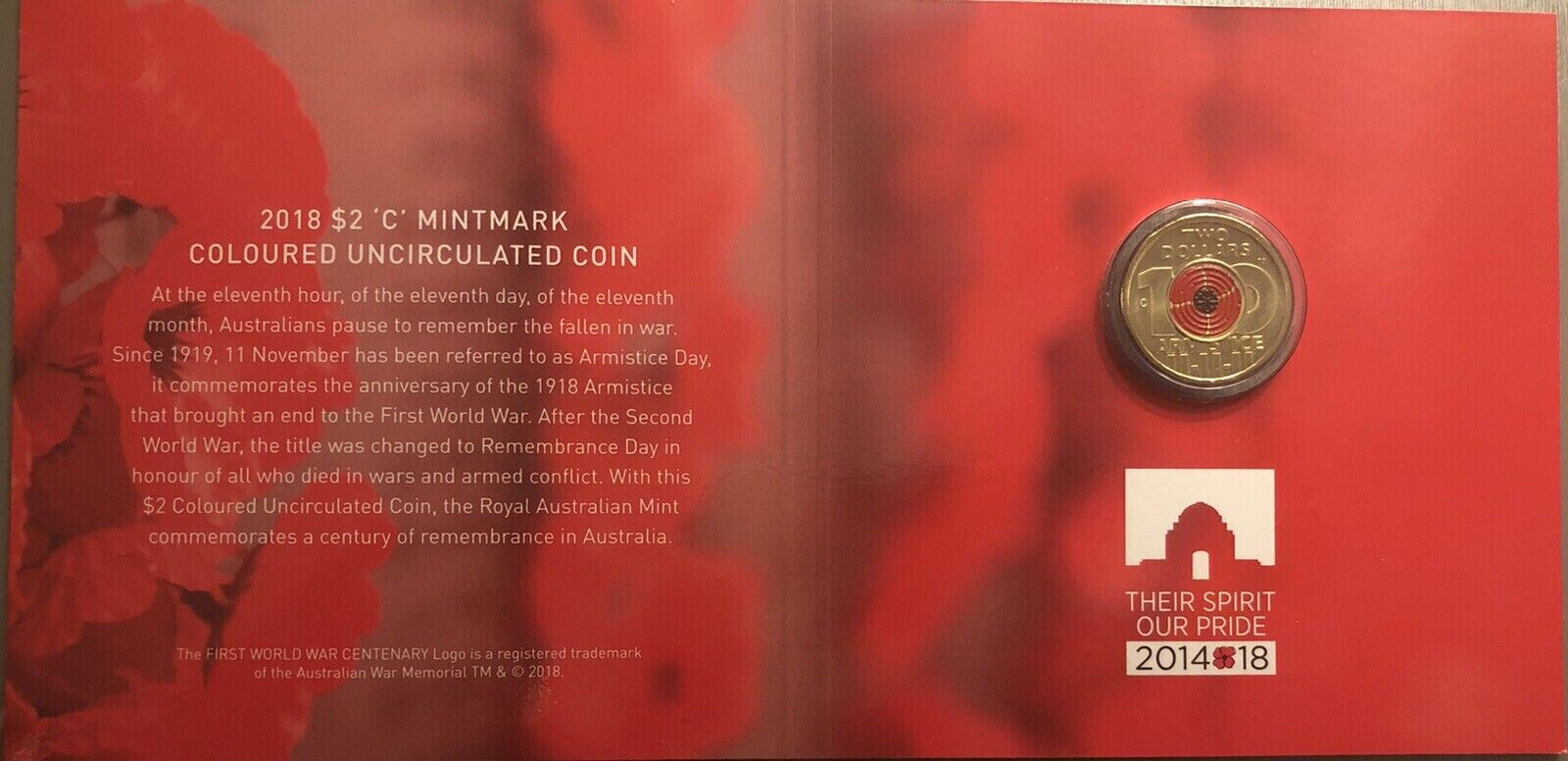 2018 ANZAC Armistice Red Poppy $2 dollar Coin, Remembrance Day C Mint