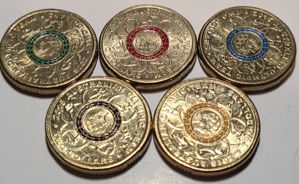 2016 $2 RIO OLYMPIC AUSTRALIAN TWO DOLLAR COLOURED SET x 5 COINS QUEEN