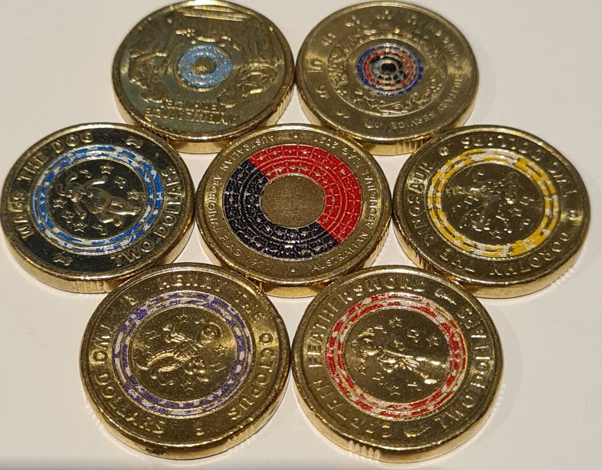 7x 2021 RARE $2 DOLLAR COLOURED COIN SET - WIGGLES, IMS, ABORGINAL FLA