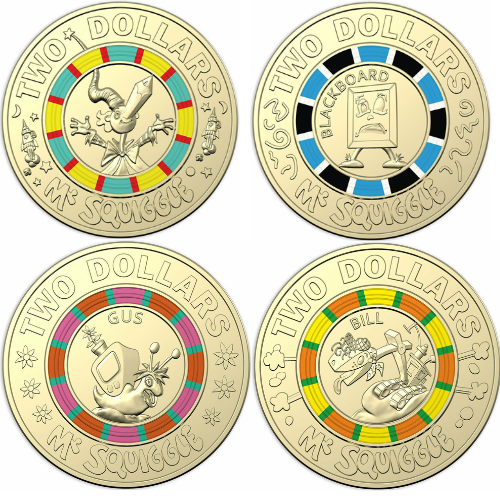 2019 $2 MR SQUIGGLE SET OF 4 x TWO DOLLAR AUSTRALIAN COLOURED COINS QU