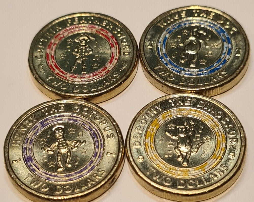 7x 2021 RARE $2 DOLLAR COLOURED COIN SET - WIGGLES, IMS, ABORGINAL FLA