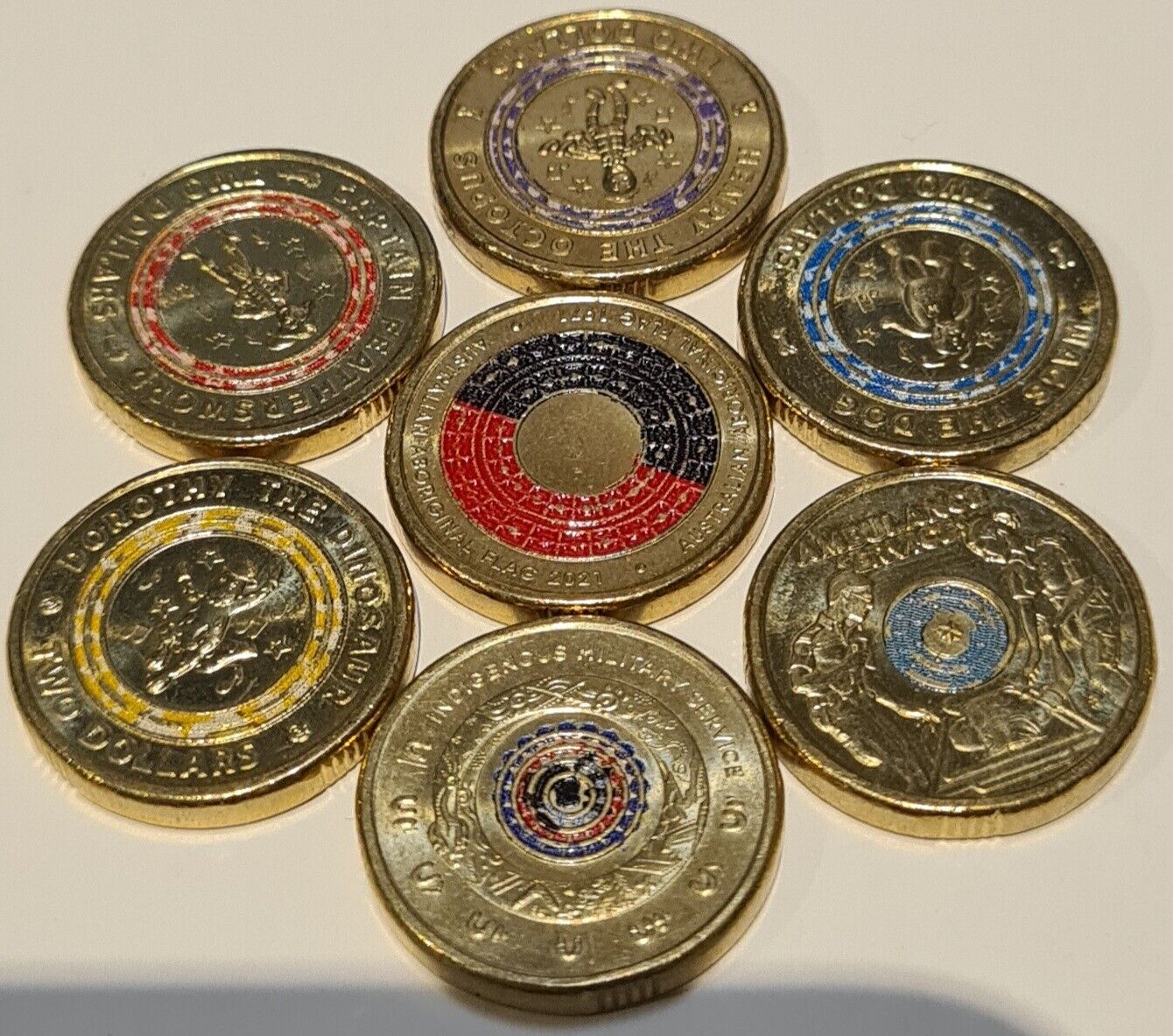 7x 2021 RARE $2 DOLLAR COLOURED COIN SET - WIGGLES, IMS, ABORGINAL FLA