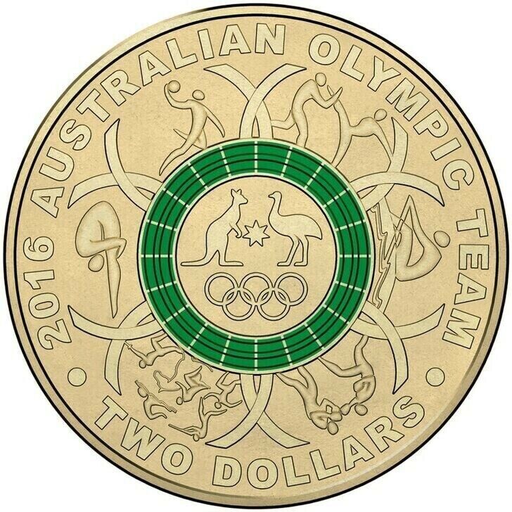 2016 $2 RIO OLYMPIC GAMES GREEN AUSTRALIAN COLOURED TWO DOLLAR $2 COIN