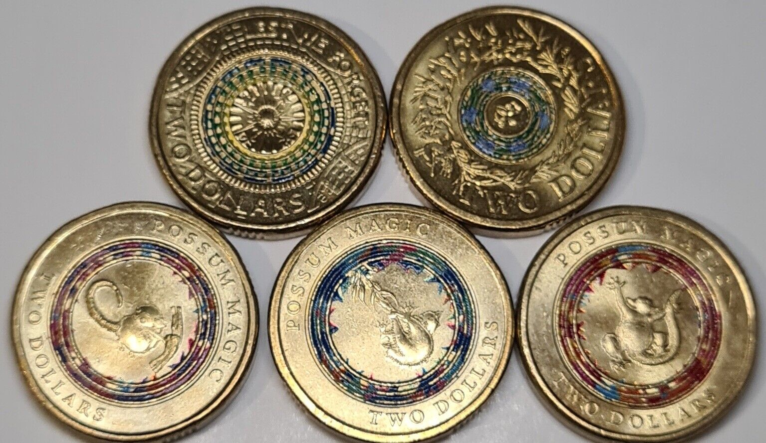 5x 2017 COLOURED $2 TWO DOLLAR COIN SET- POSSUM MAGIC X3, REMEMBRANCE,