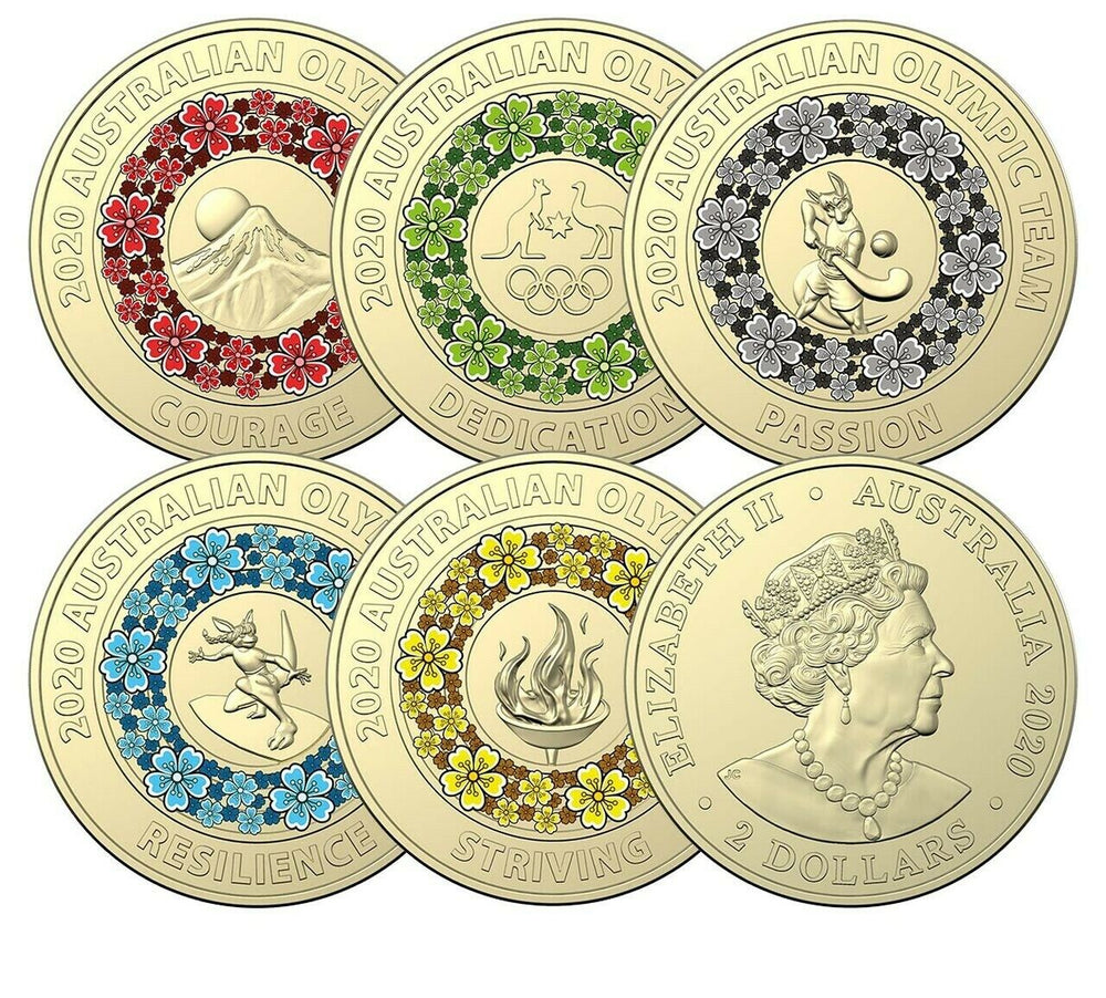 2020 $2 TOKYO OLYMPIC TEAM SET 5PC AUSTRALIAN TWO DOLLAR COLOURED COIN